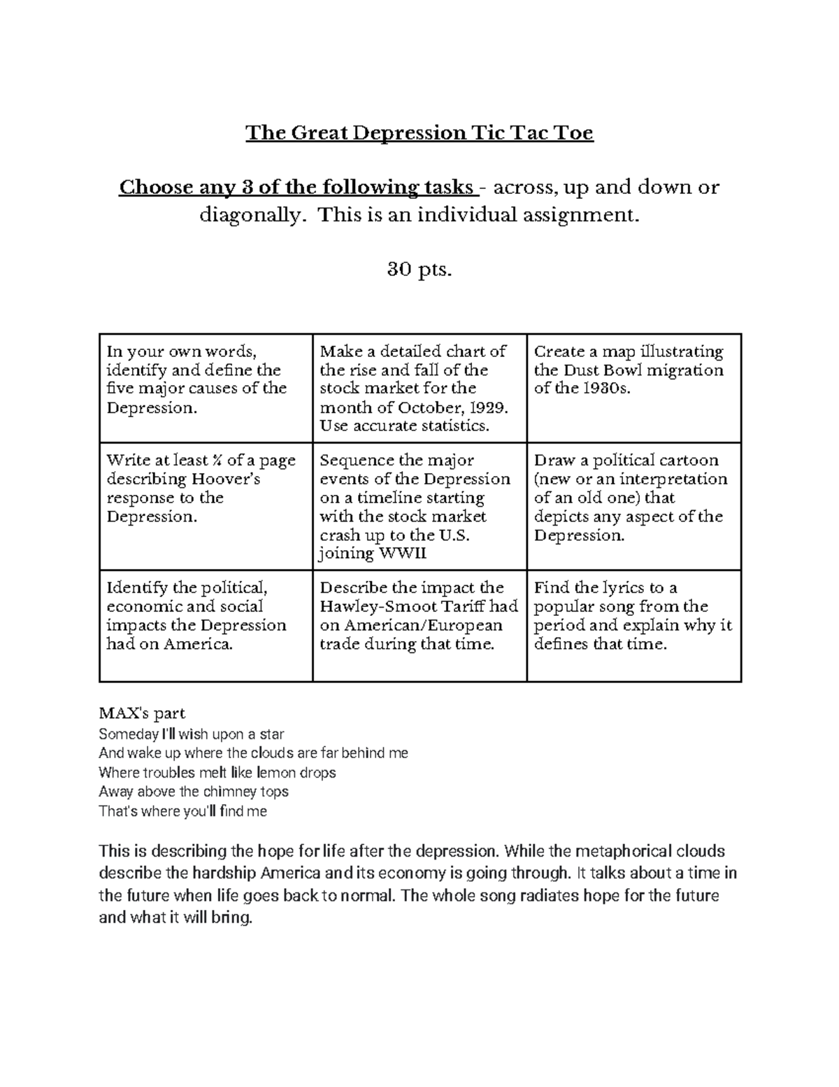 Copy of The Great Depression Tic Tac Toe - The Great Depression Tic Tac ...