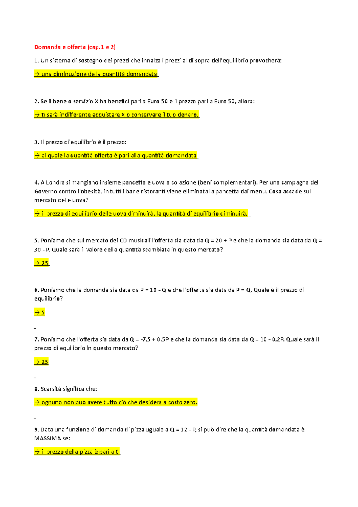 Domanda e offerta risposte quiz 1 - Domanda e offerta (cap e 2) Un ...