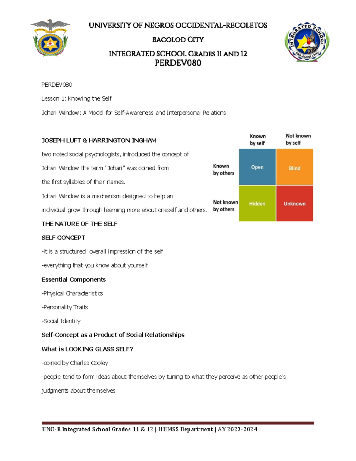 1-Knowing-the-Self Perdev 080 - Bacolod City INTEGRATED SCHOOL Grades ...
