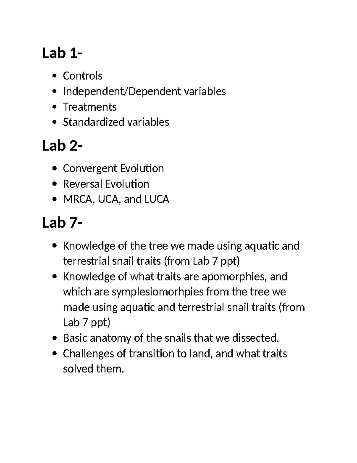 Bio 200- Lab Quiz 7 Need-to-know - Lab 1- Controls Independent ...