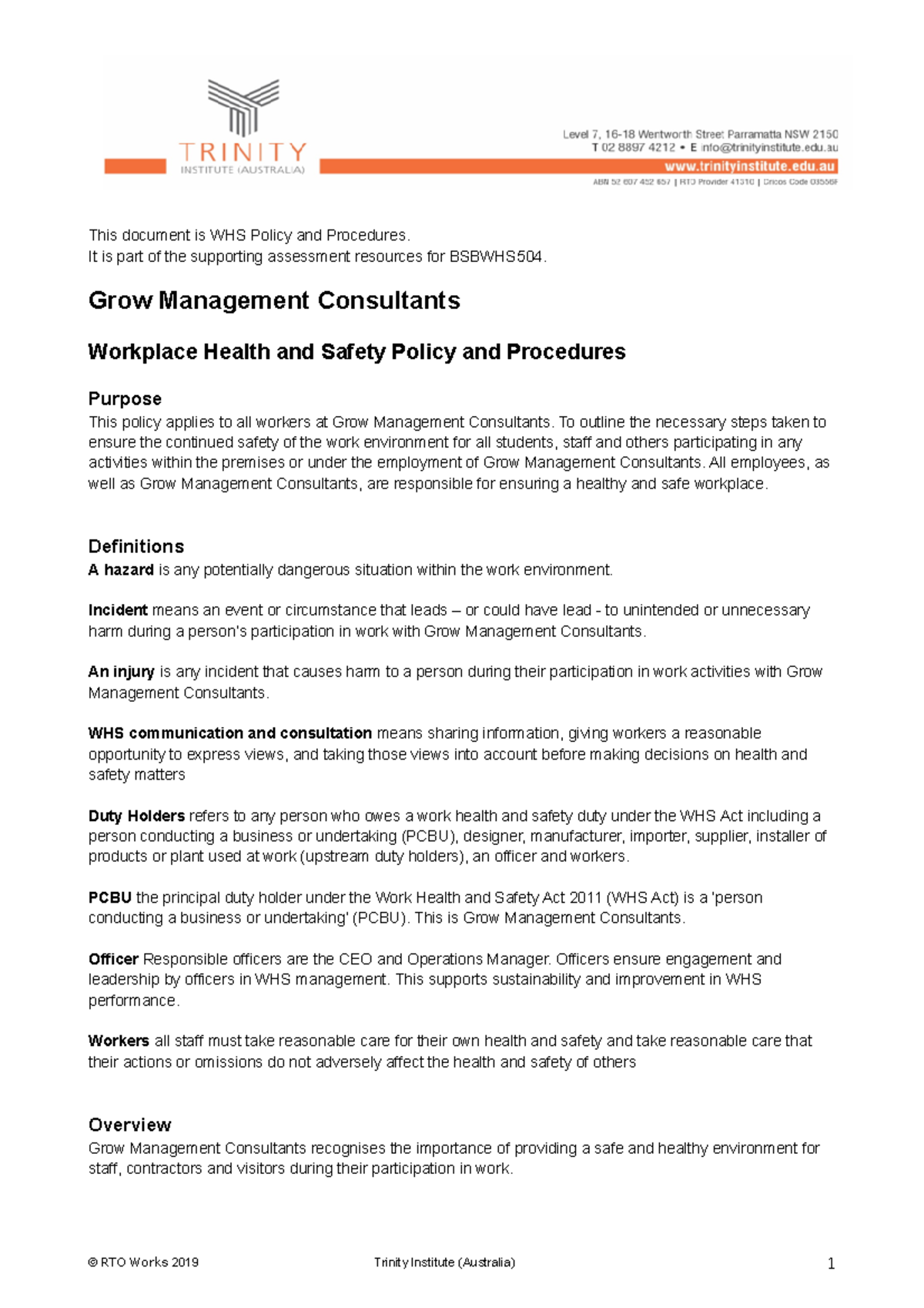WHS Policy and Procedures - It is part of the supporting assessment ...