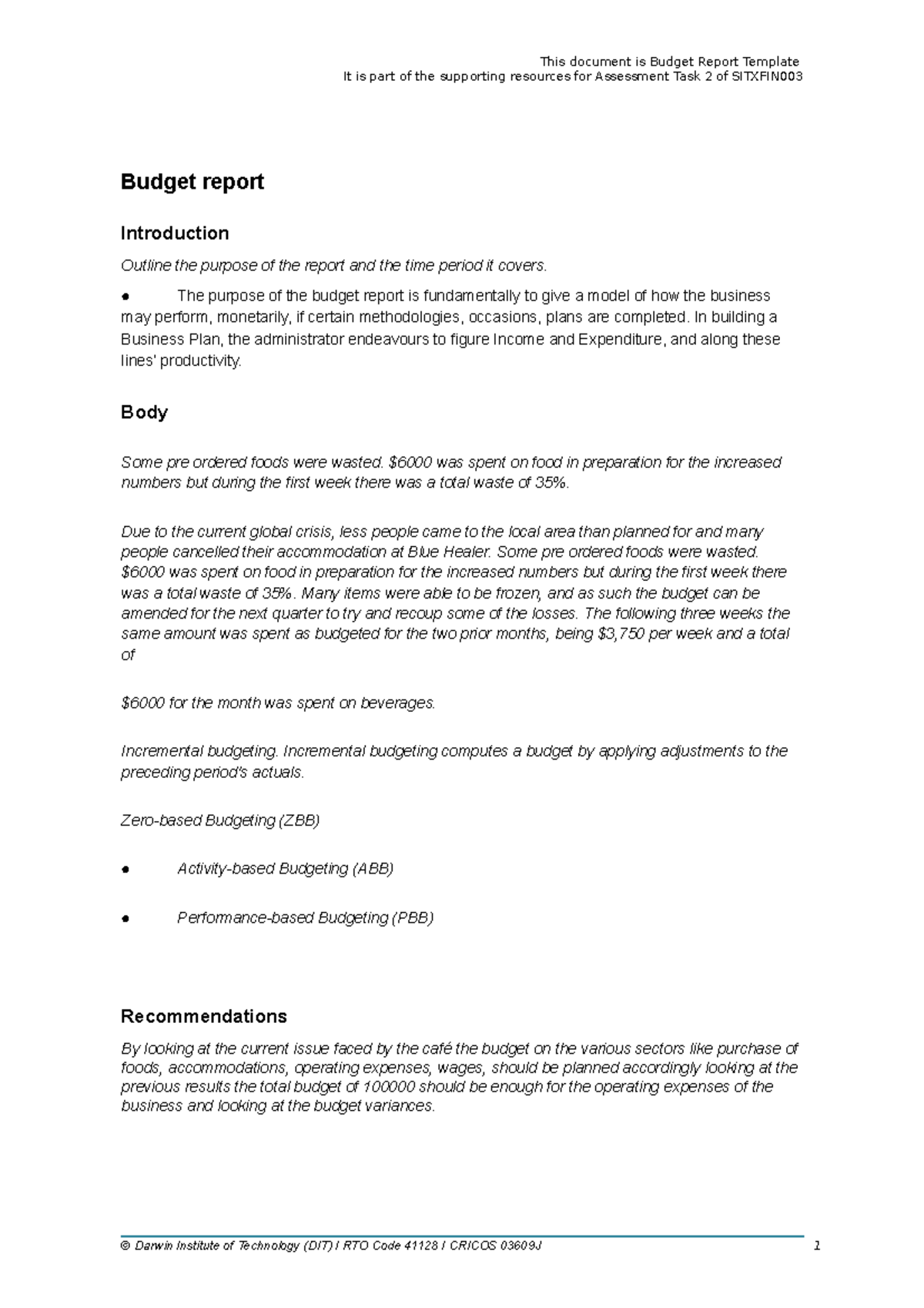 Budget Report Template - The purpose of the budget report is ...