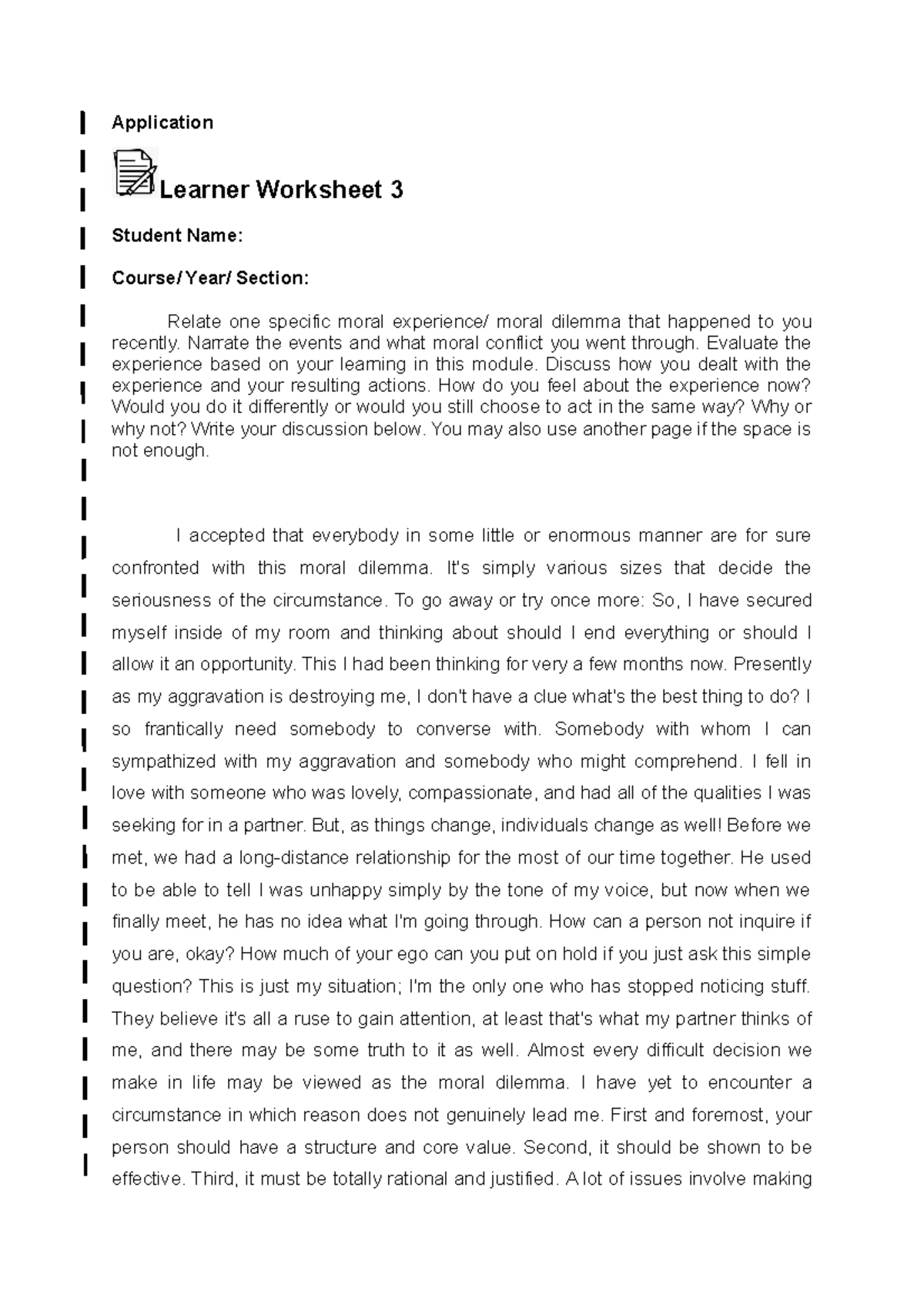 Ethics Learner Worksheet 3 Specific Moral Experience - Application ...