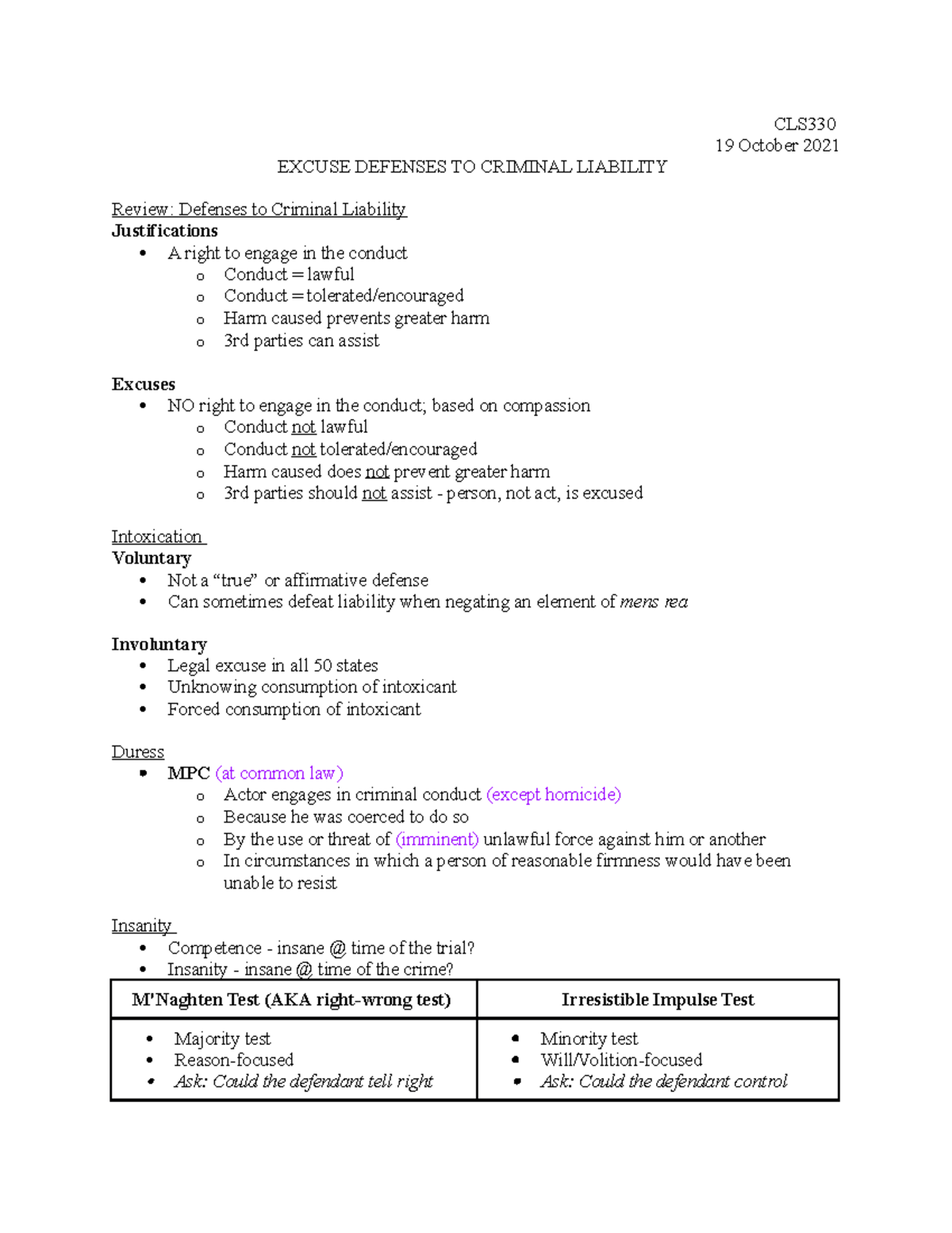 CLS330 E&J - Class notes on excuses and justification defenses - CLS 19 ...