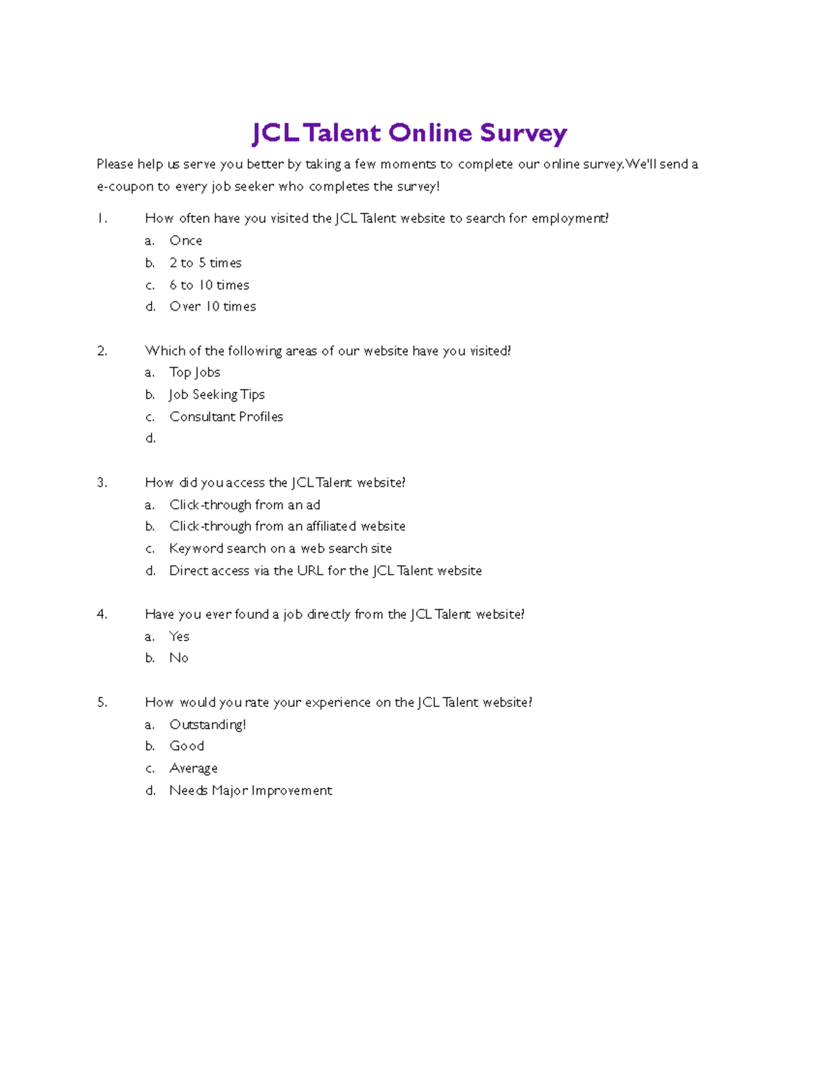 IL WD 8 Online Survey - JCL Talent Online Survey Please help us serve ...