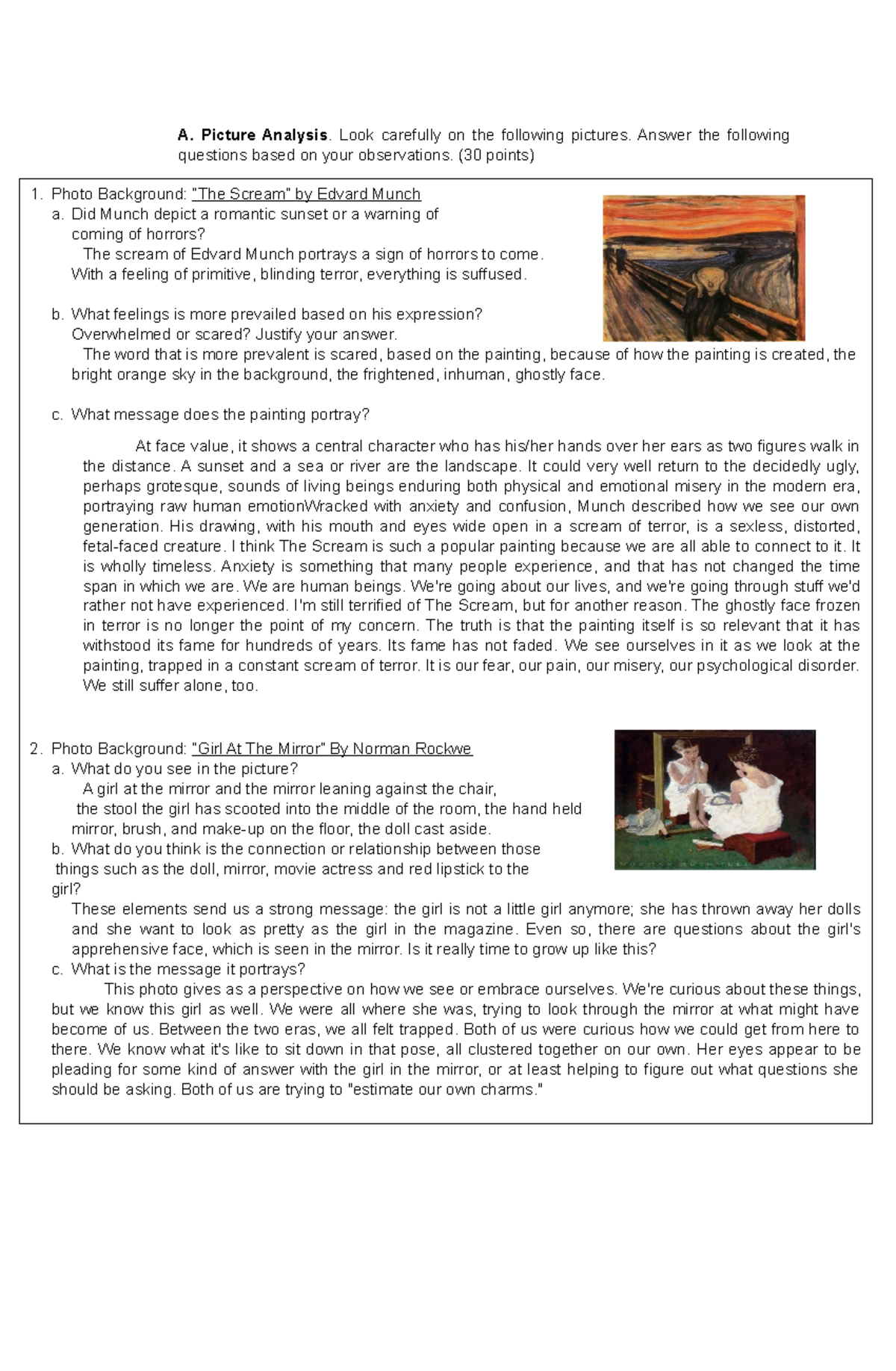 Picture Analysis - A. Picture Analysis. Look carefully on the following ...