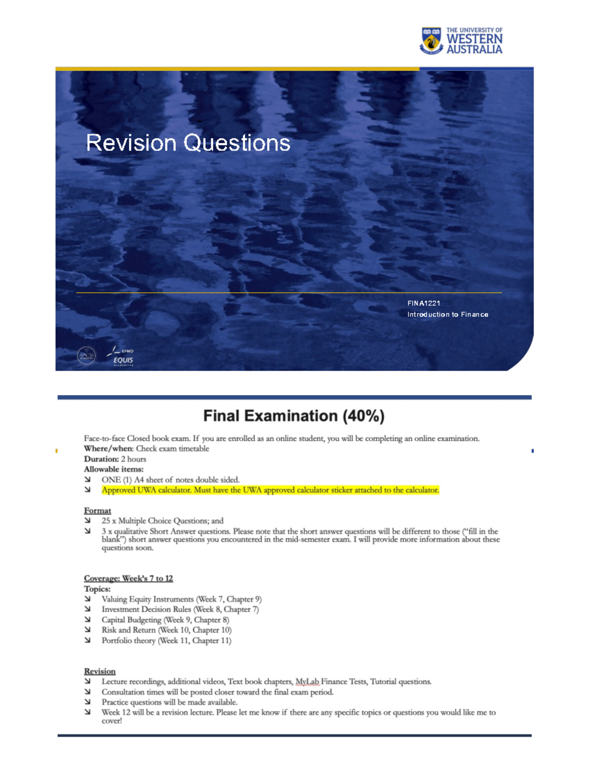FINA1221 RQ - Revision Questions FINA Introduction to Finance ...
