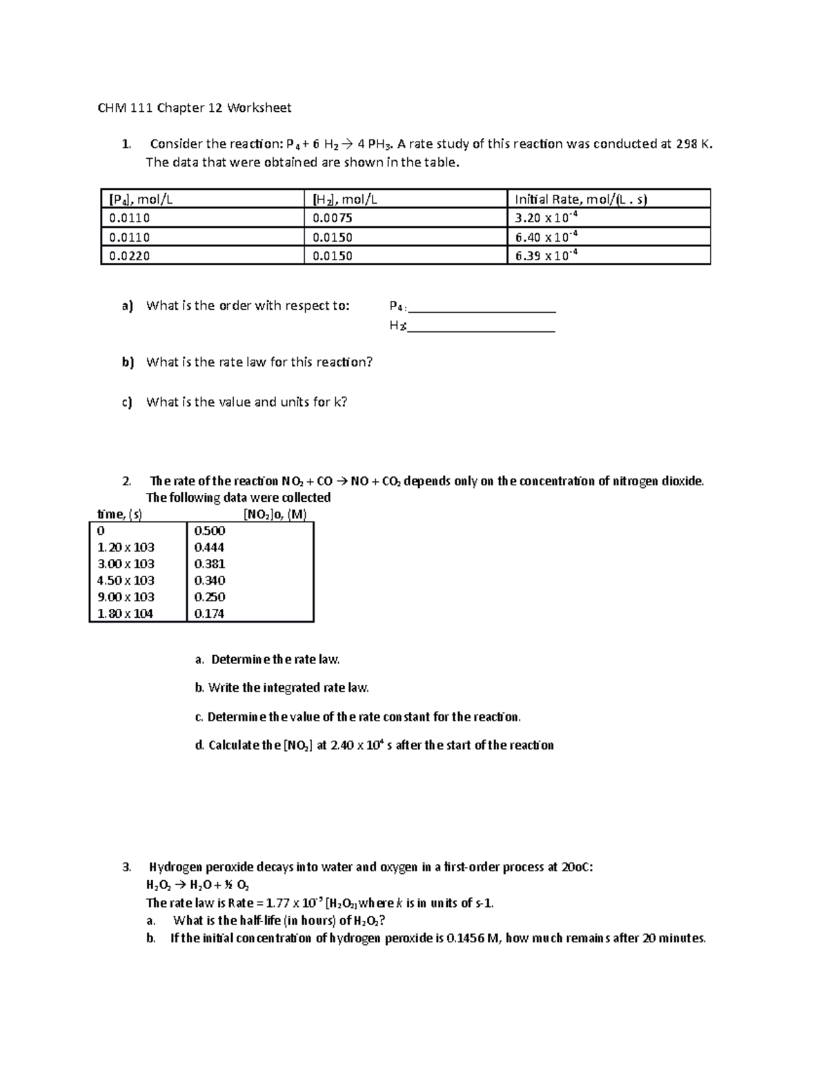 CHM 111 Chapter 12 Worksheet - CHM 111 Chapter 12 Worksheet 1. Consider ...