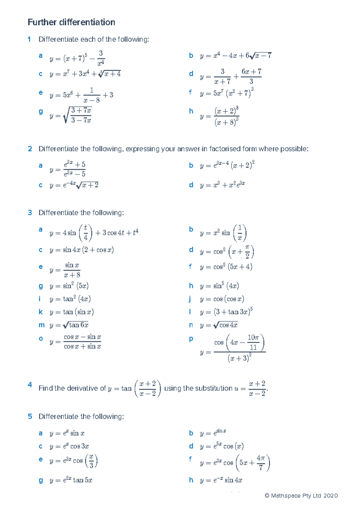 2.07 Further differentiation - worksheet - © Mathspace Pty Ltd 2020 ...
