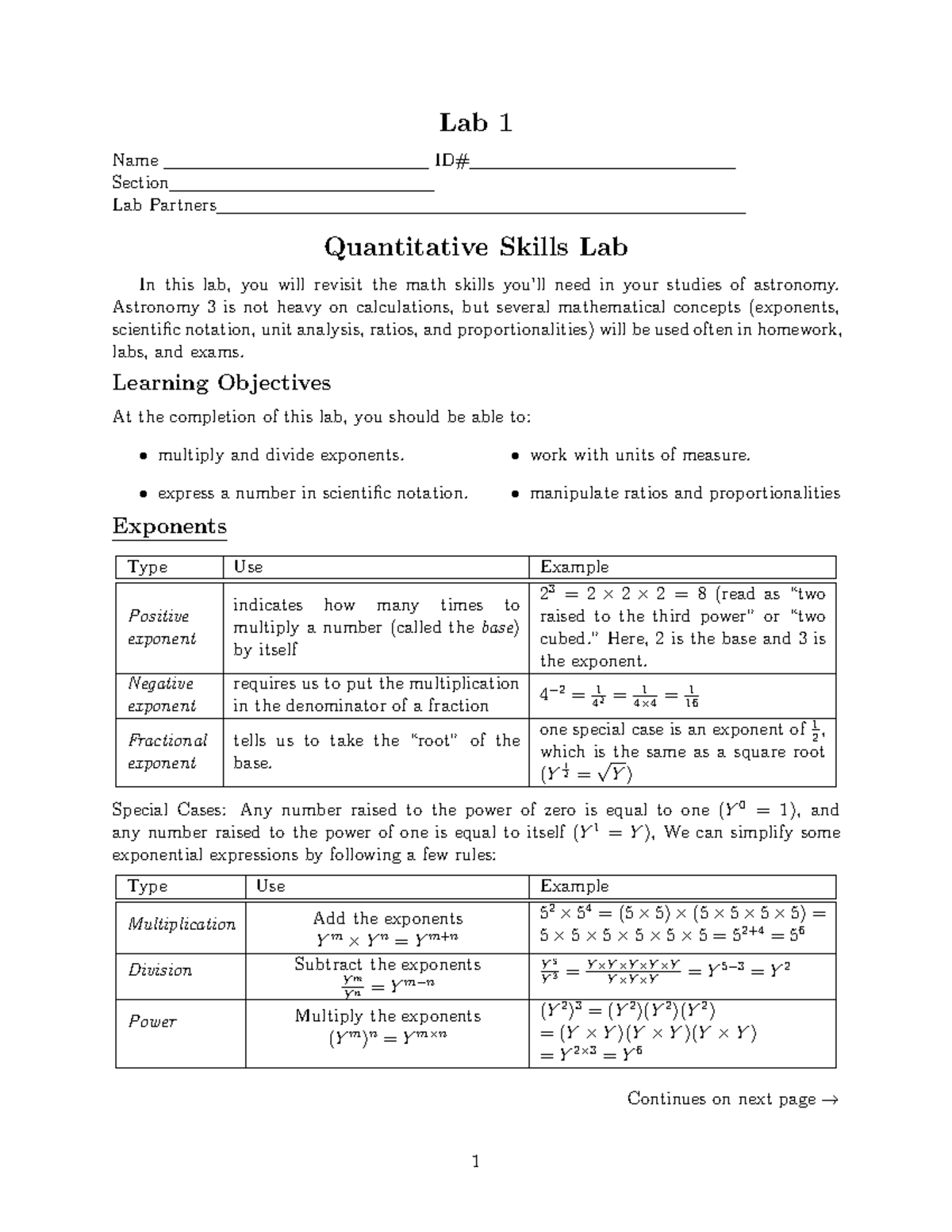Lab1 - Lab 1 - Lab 1 Name ID# Section Lab Partners Quantitative Skills Lab In this lab, you will ...