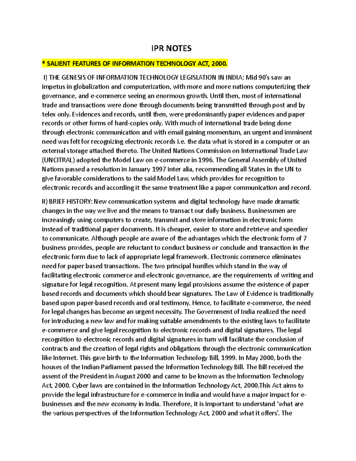 IPR Notes - IPR NOTES * SALIENT FEATURES OF INFORMATION TECHNOLOGY ACT ...
