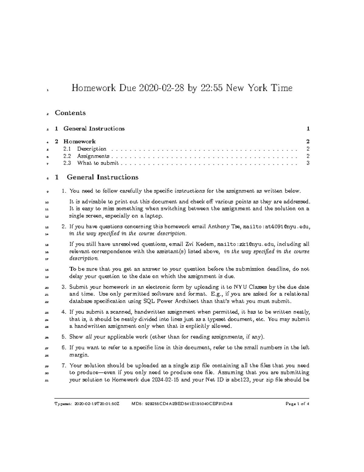 Homework 04 Assignment - 1 Homework Due 2020-02-28 by 22:55 New York Time 2 Contents 3 1 General ...
