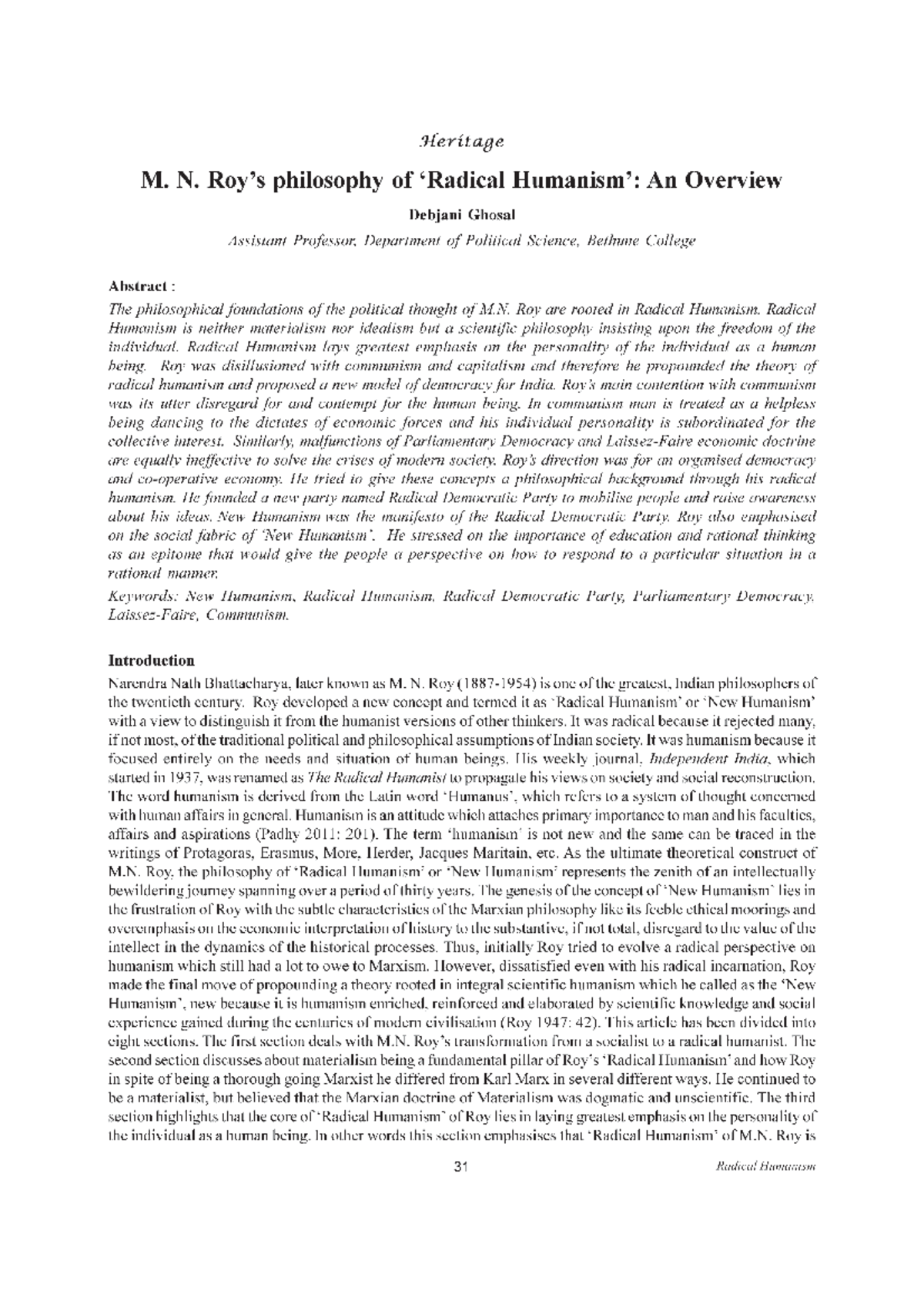 MNRoy Philosophy Radical Humanism Heritage 2016 - Political science ...