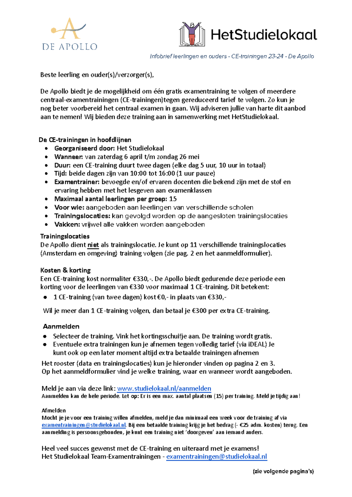 Infobrief leerlingen en ouders - CE-trainingen 23-24 - De Apollo - Het Studielokaal (002 ...