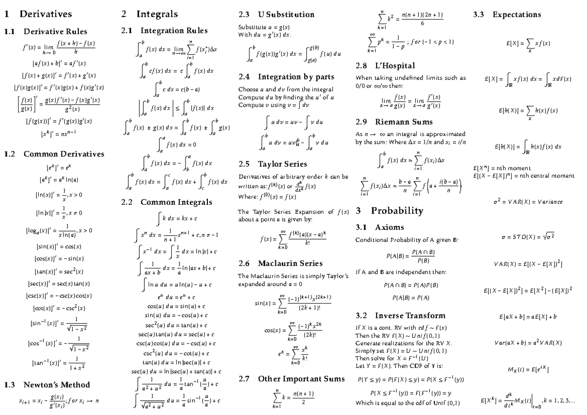 Simulation Summer 2020 Formula Sheet Test 1 - 1 Derivatives 1 ...