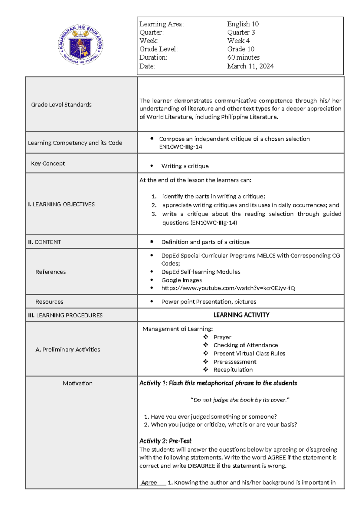 1ST LP English 10 - Grade Level Standards The learner demonstrates ...