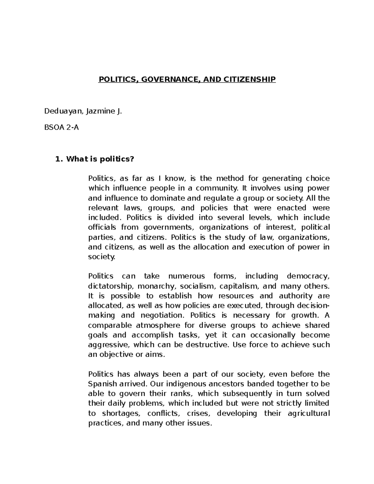 Politics - POLITICS, GOVERNANCE, AND CITIZENSHIP Deduayan, Jazmine J ...