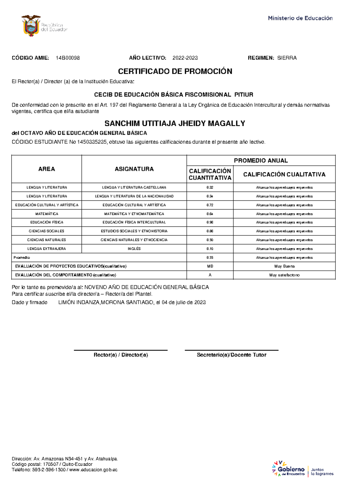 Certificados Promocion-5 - CÓDIGO AMIE: 14B00098 AÑO LECTIVO: 2022-2023 ...