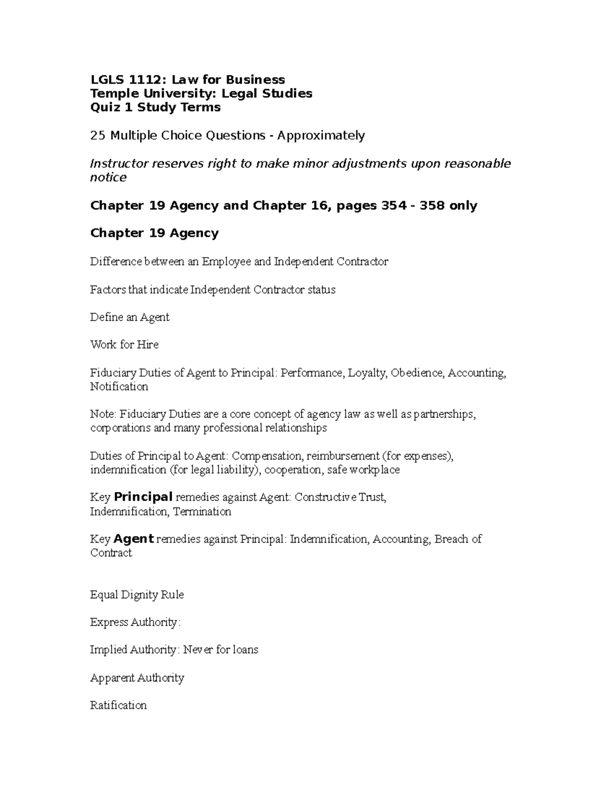 LGLS 1112 Quiz 1 2022 Study Terms - LGLS 1112: Law for Business Temple ...