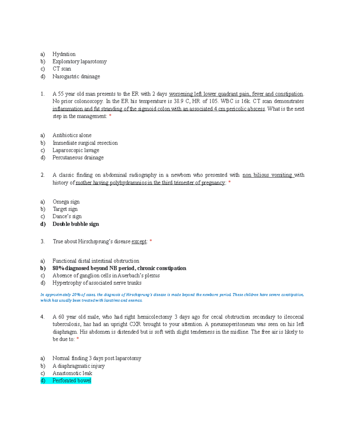 Science 2 exam part 2 - a) Hydration b) Exploratory laparotomy c) CT ...