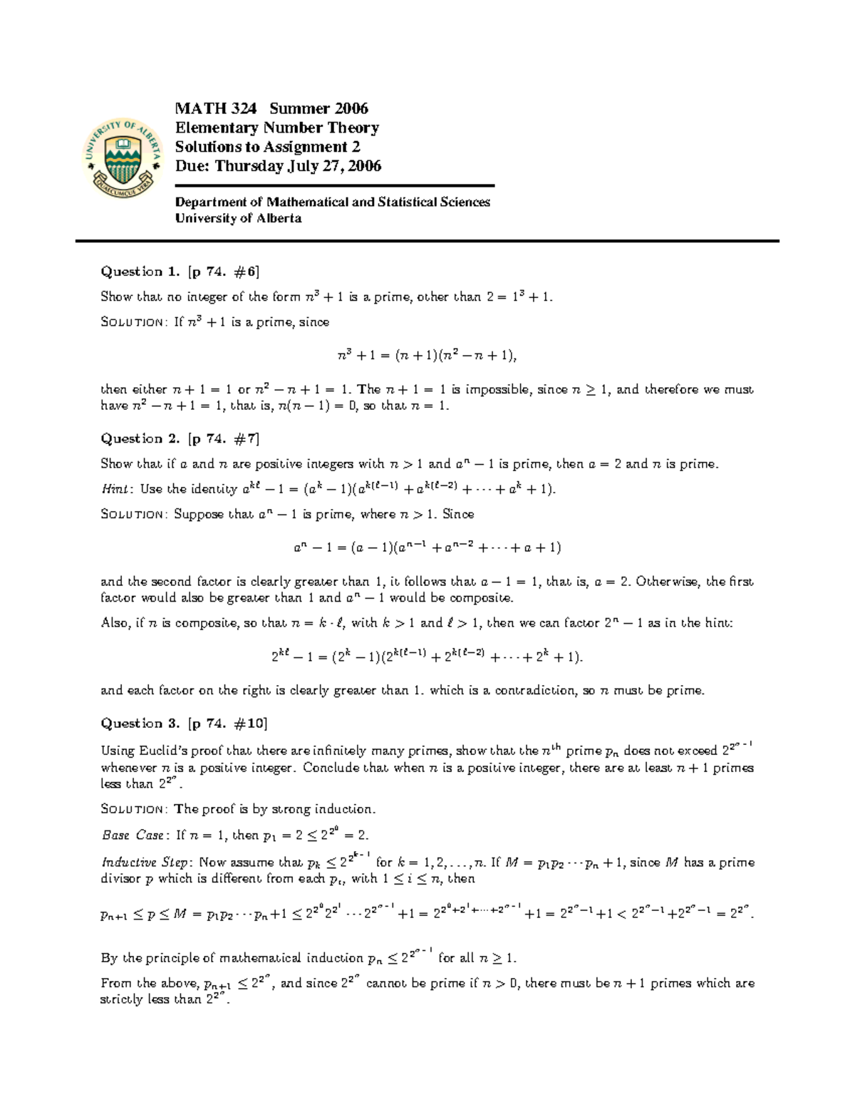 Soln2 - sol - MATH 324 Summer 2006 Elementary Number Theory Solutions to Assignment 2 Due ...