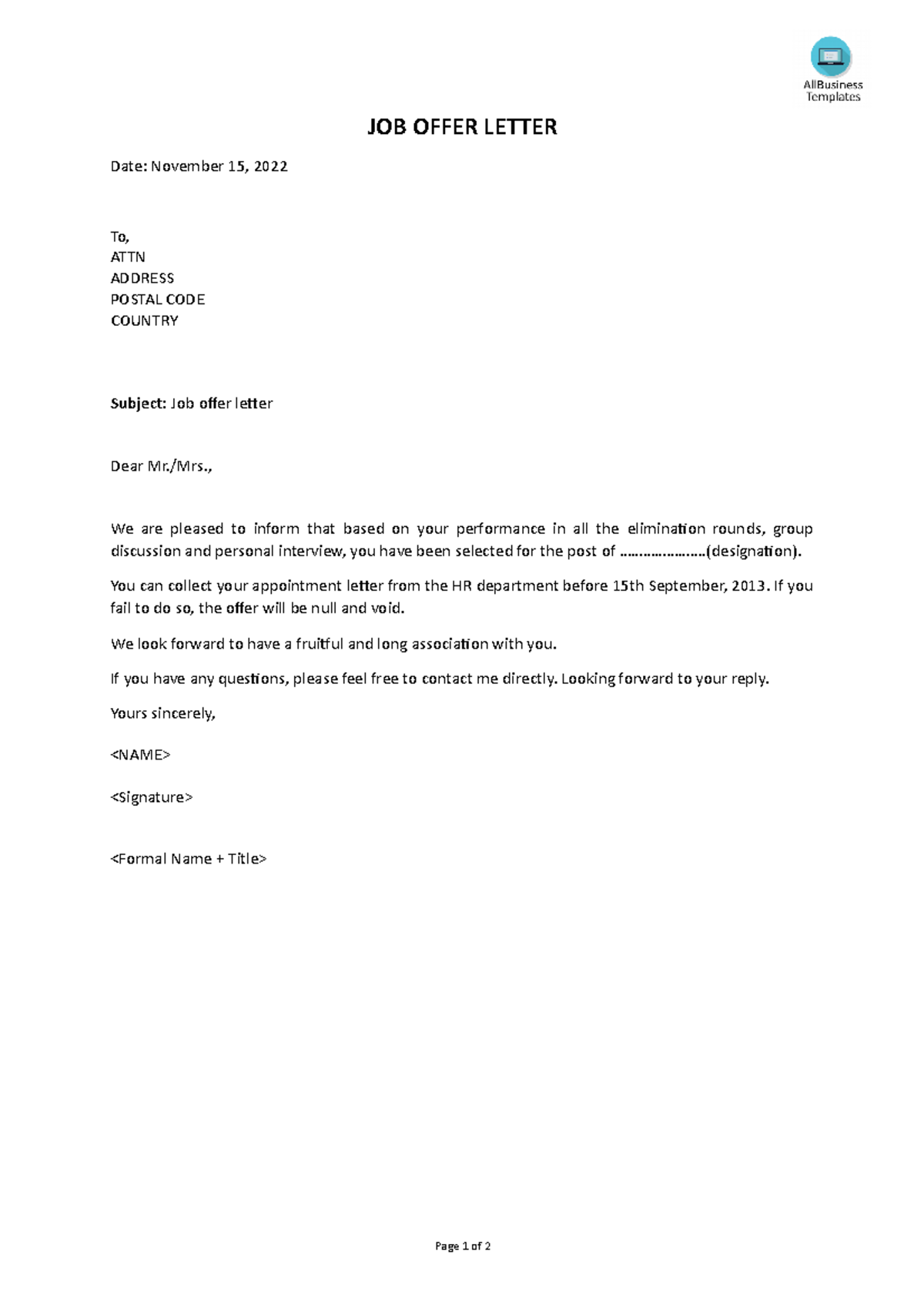 Job-offer-letter - Job offer letter - JOB OFFER LETTER Date: November ...