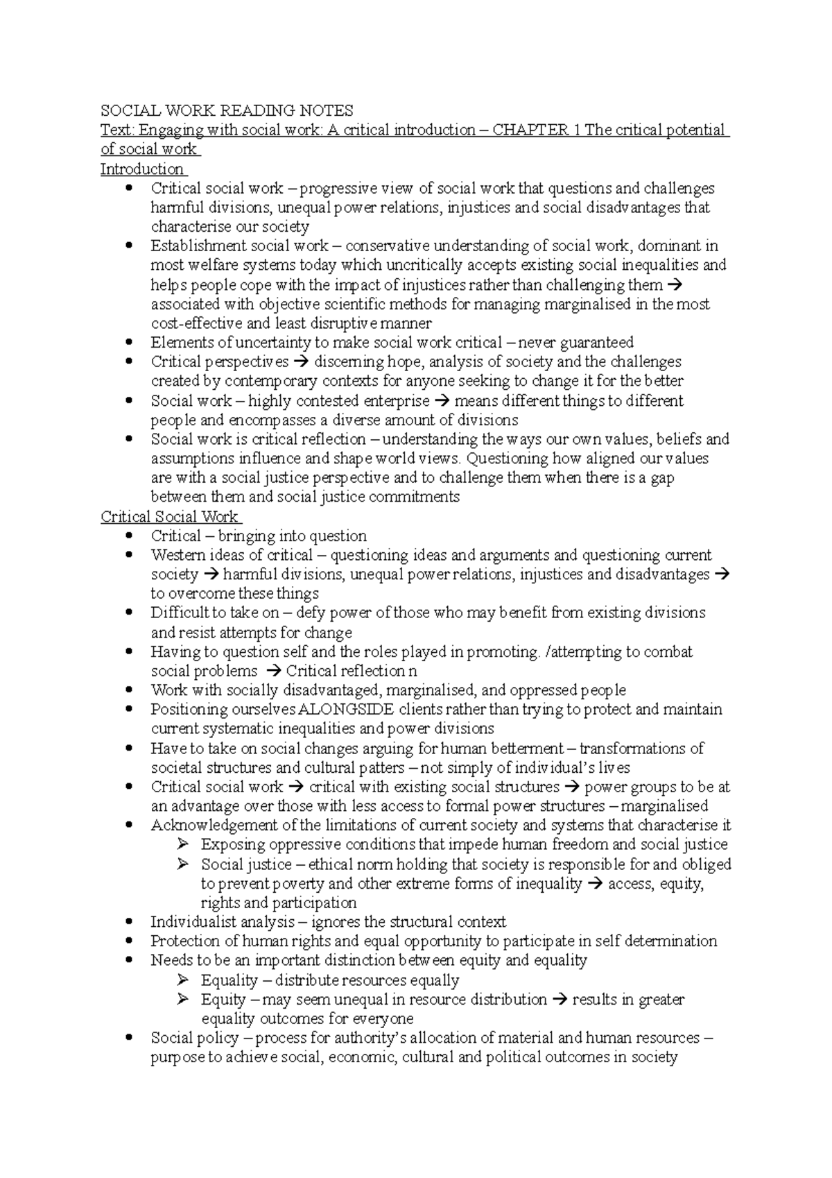 Social WORK Reading Notes - SOCIAL WORK READING NOTES Text: Engaging ...