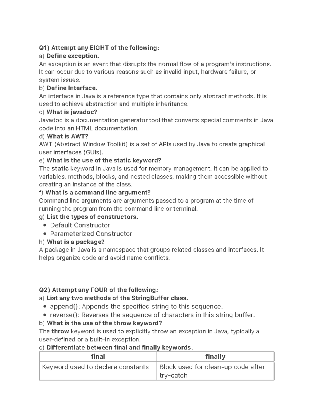 Java Paper 2solved - Java important Questions - Q1) Attempt any EIGHT of the following: a) - Studocu