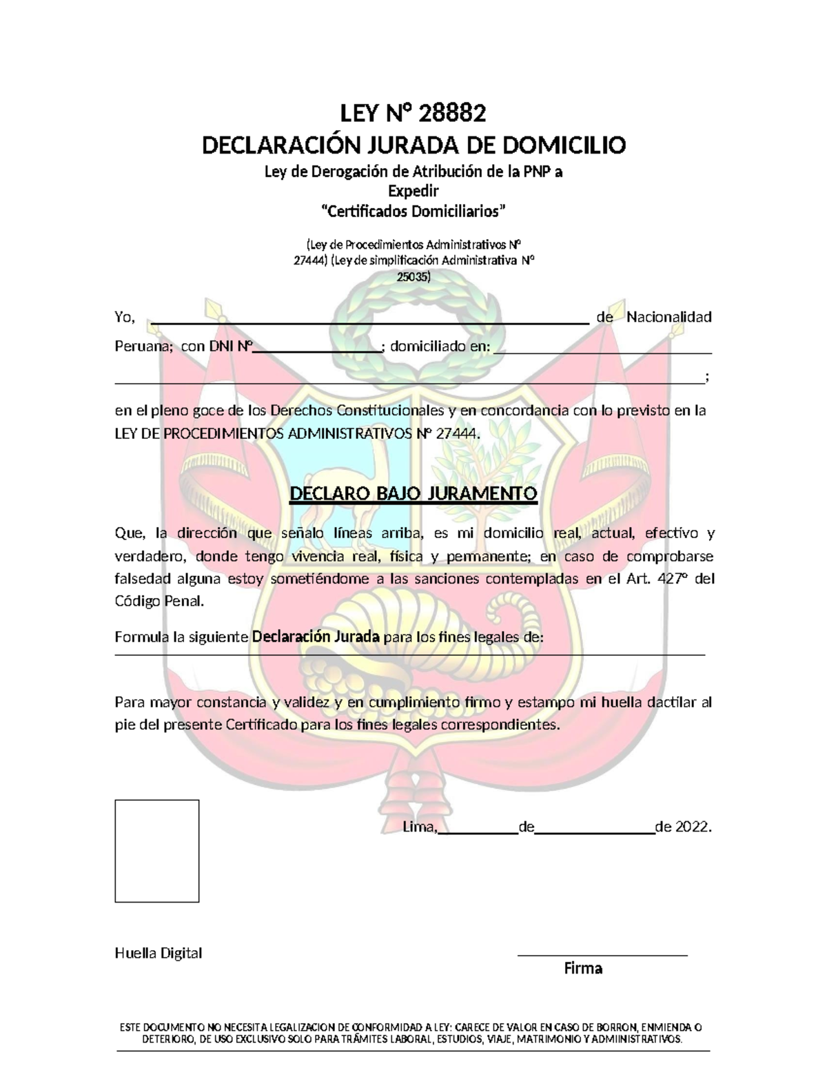 1Declaración Jurada domicilio 2022 - LEY N° 28882 DECLARACIÓN JURADA DE DOMICILIO Ley de ...