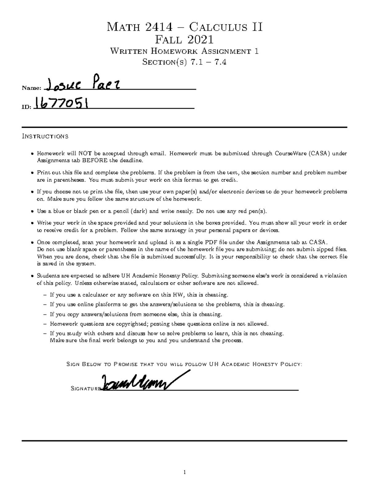 2414 Whw1 Written Homework Math 2414 Calculus Ii Fall 2021 Written Homework Assignment 1