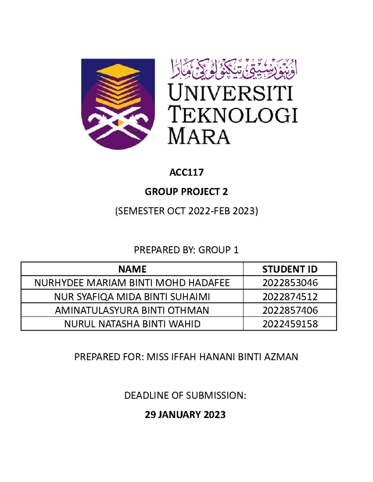 ACC117 Group Project 2 - DMOSDJ - ACC GROUP PROJECT 2 (SEMESTER OCT 2022-FEB 2023) PREPARED BY ...