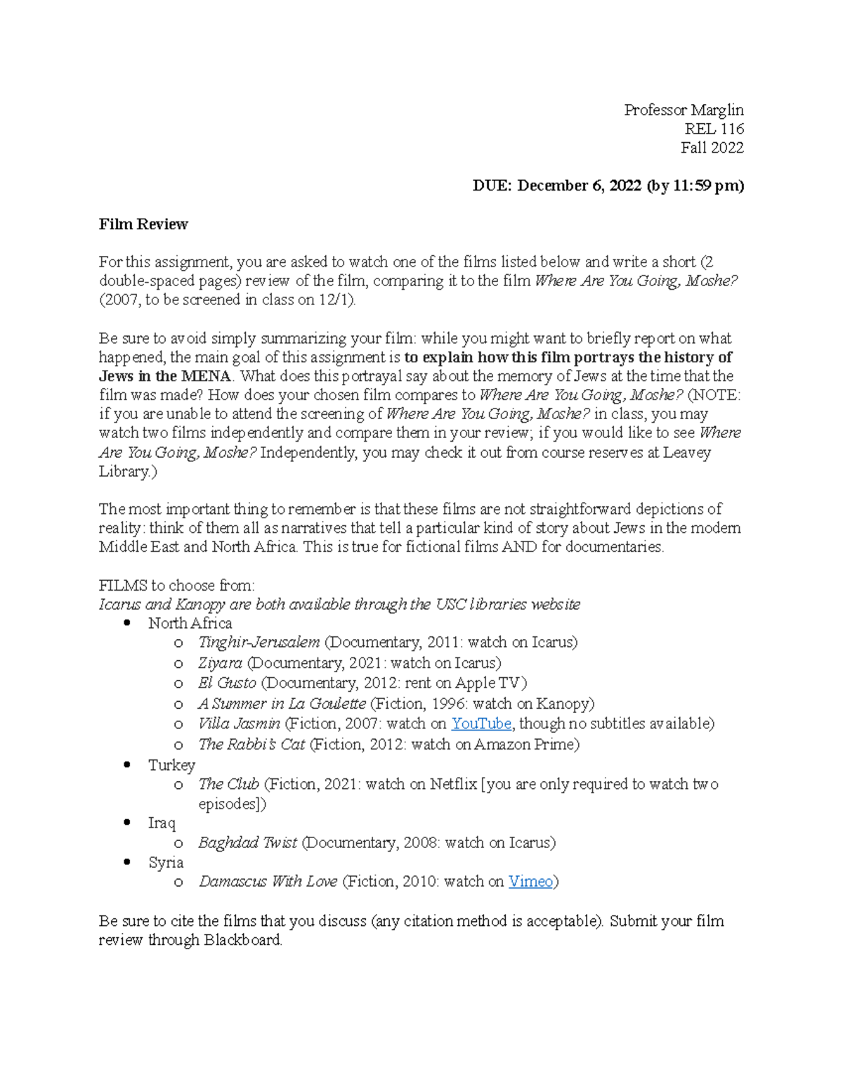 Film Review - paper prompt omg - Professor Marglin REL 116 Fall 2022 ...