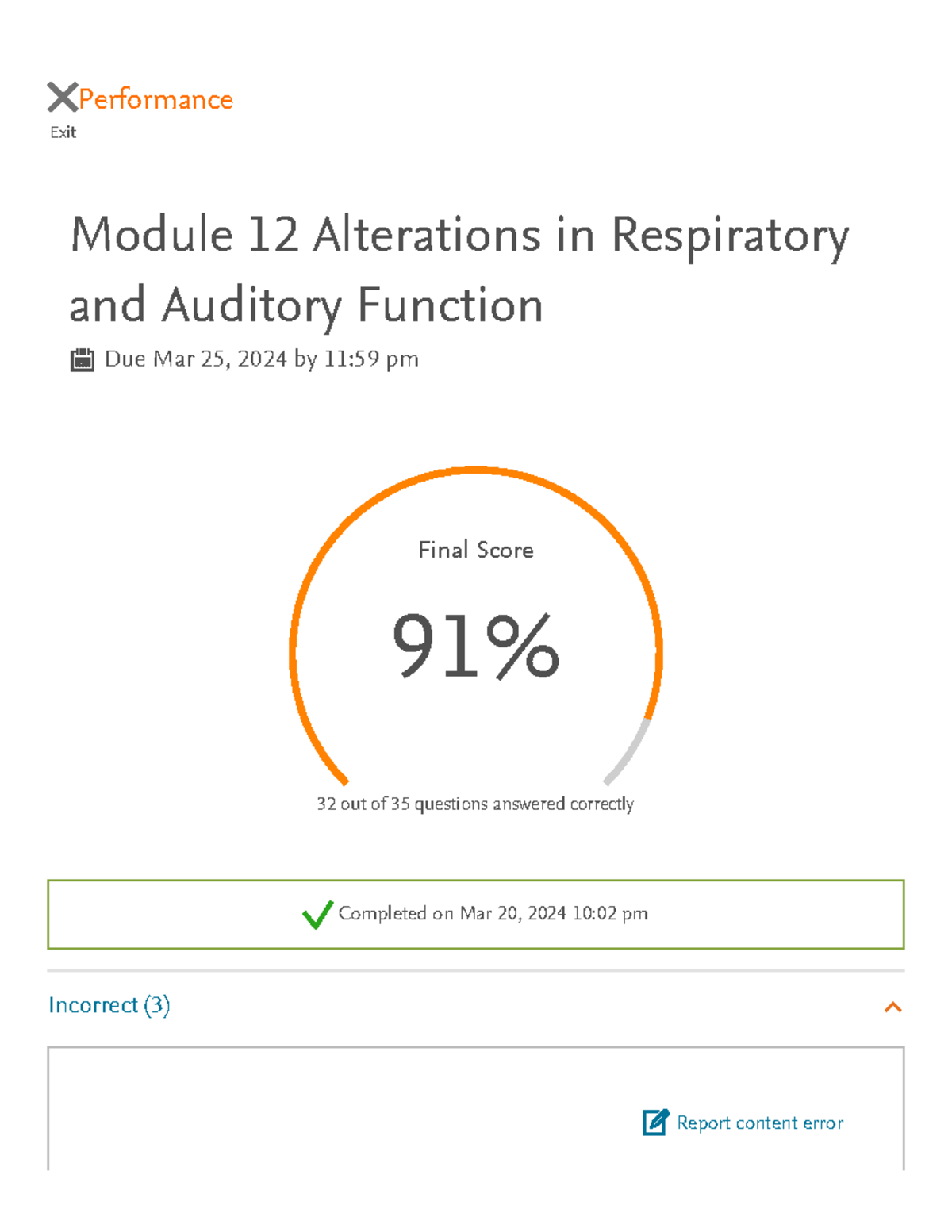 Elsevier Adaptive Quizzing - Quiz performance - ####### Exit Performance Module 12 Alterations ...
