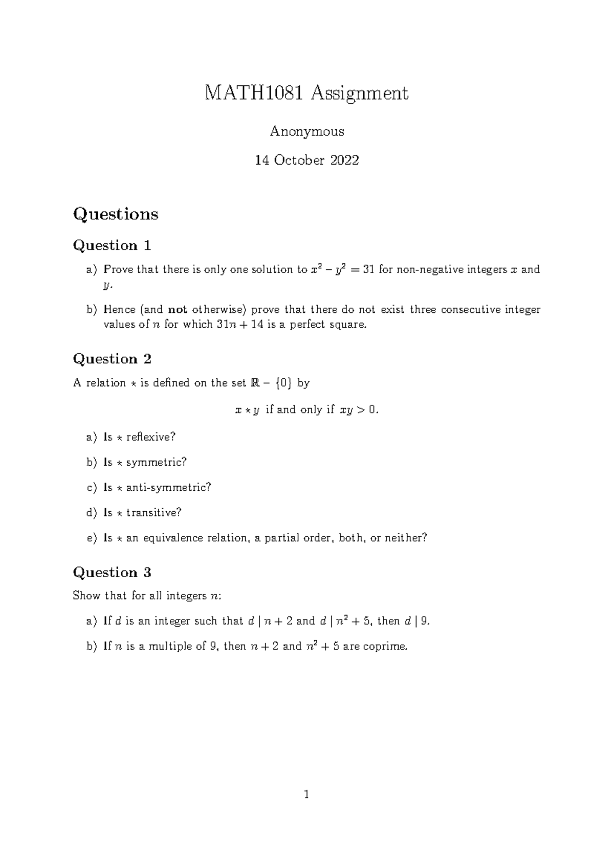 MATH1081 Assignment - dfbdzdsfagdff - MATH1081 Assignment Anonymous 14 October 2022 Questions ...