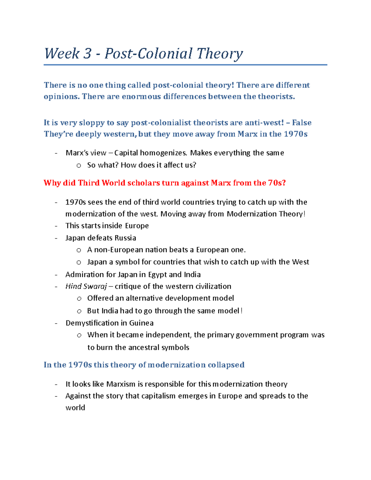 Week 3 - Post-Colonial Theory - Week 3 Theory There is no one thing ...