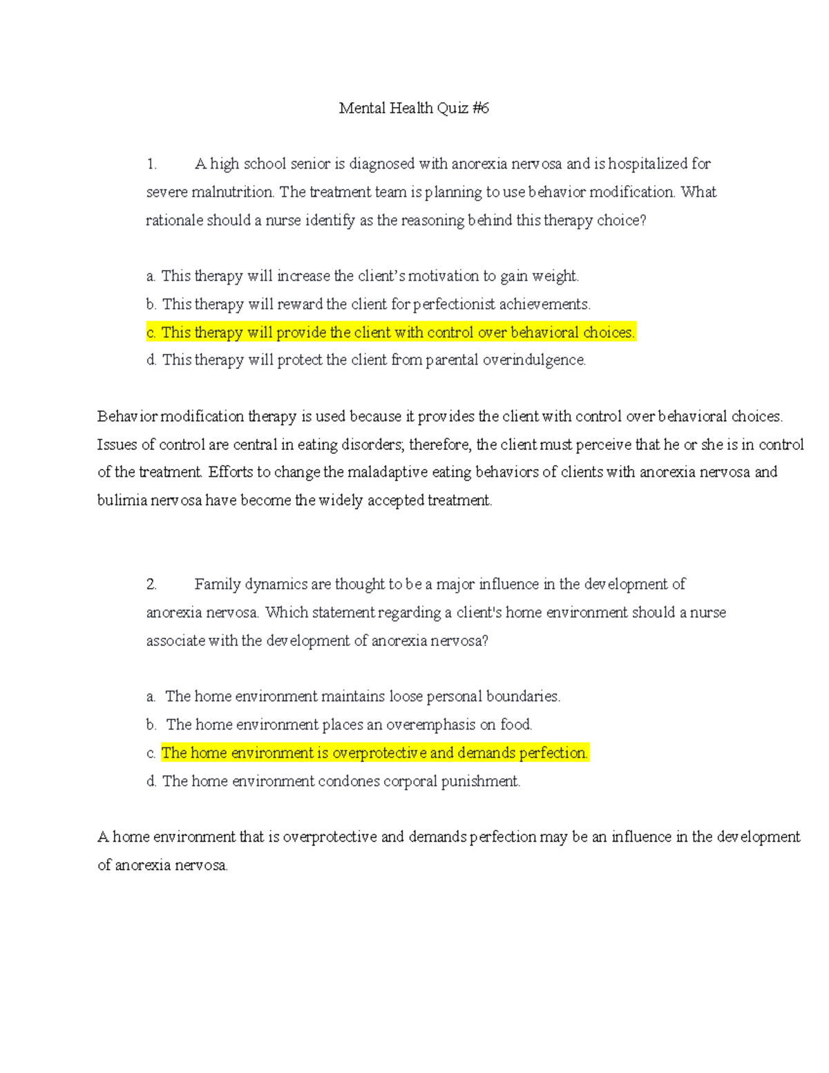 Mental Health Quiz 6 - Copy - Mental Health Quiz # A high school senior ...