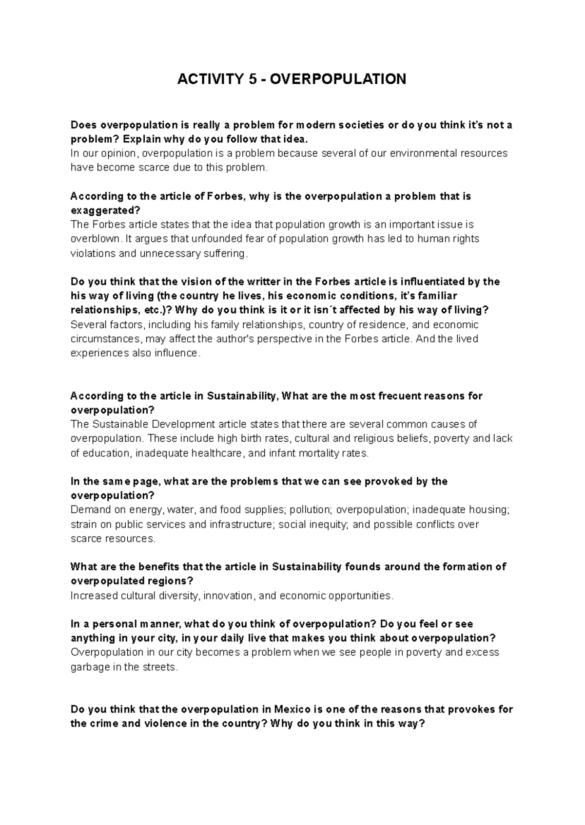 Activity 5 - anthro - 100 - ACTIVITY 5 - OVERPOPULATION Does ...