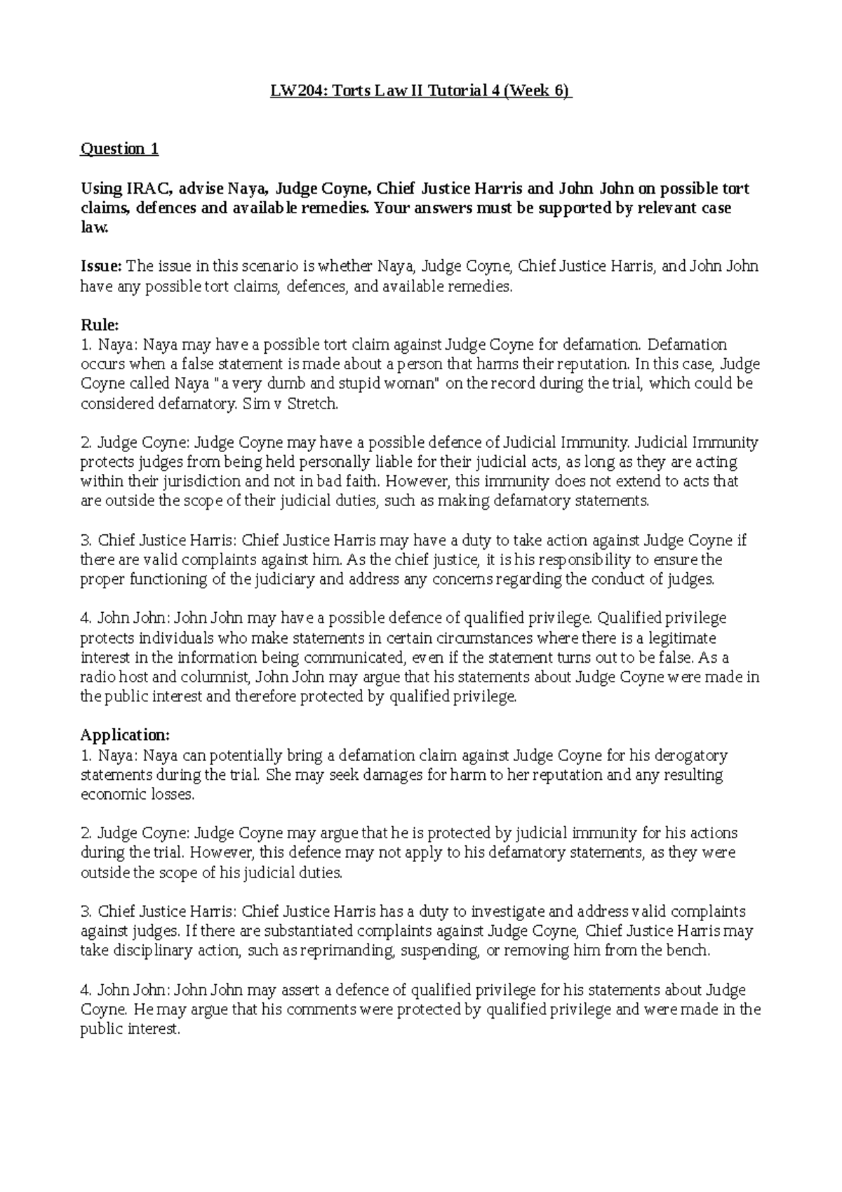 LW204 Tutorial 3 Copy - Semester 2 2023 Emalus Campus F2F Mode. - LW204: Torts Law II Tutorial 4 ...