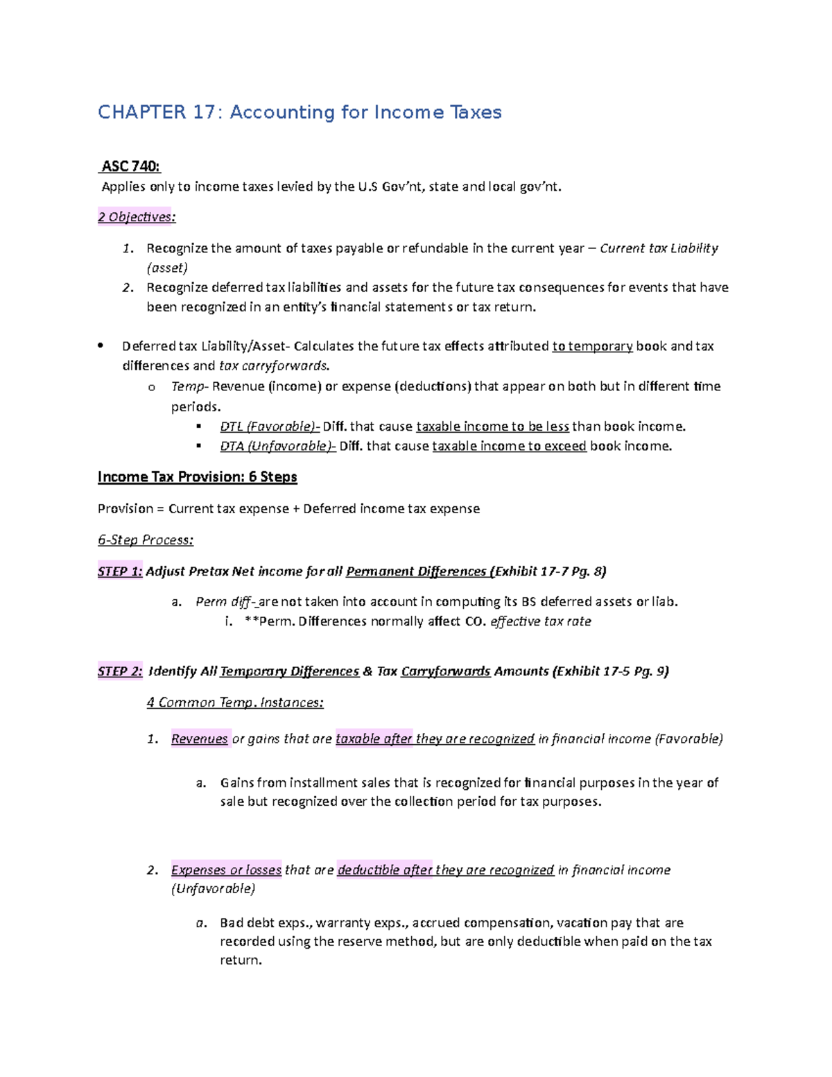 CH. 17 notes - CHAPTER 17: Accounting for Income Taxes ASC 740: Applies ...