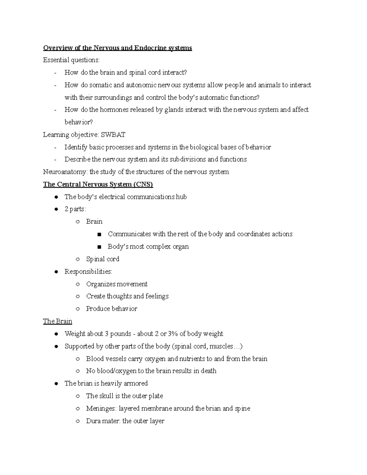 Nervous/Endocrine System Notes - Overview of the Nervous and Endocrine ...
