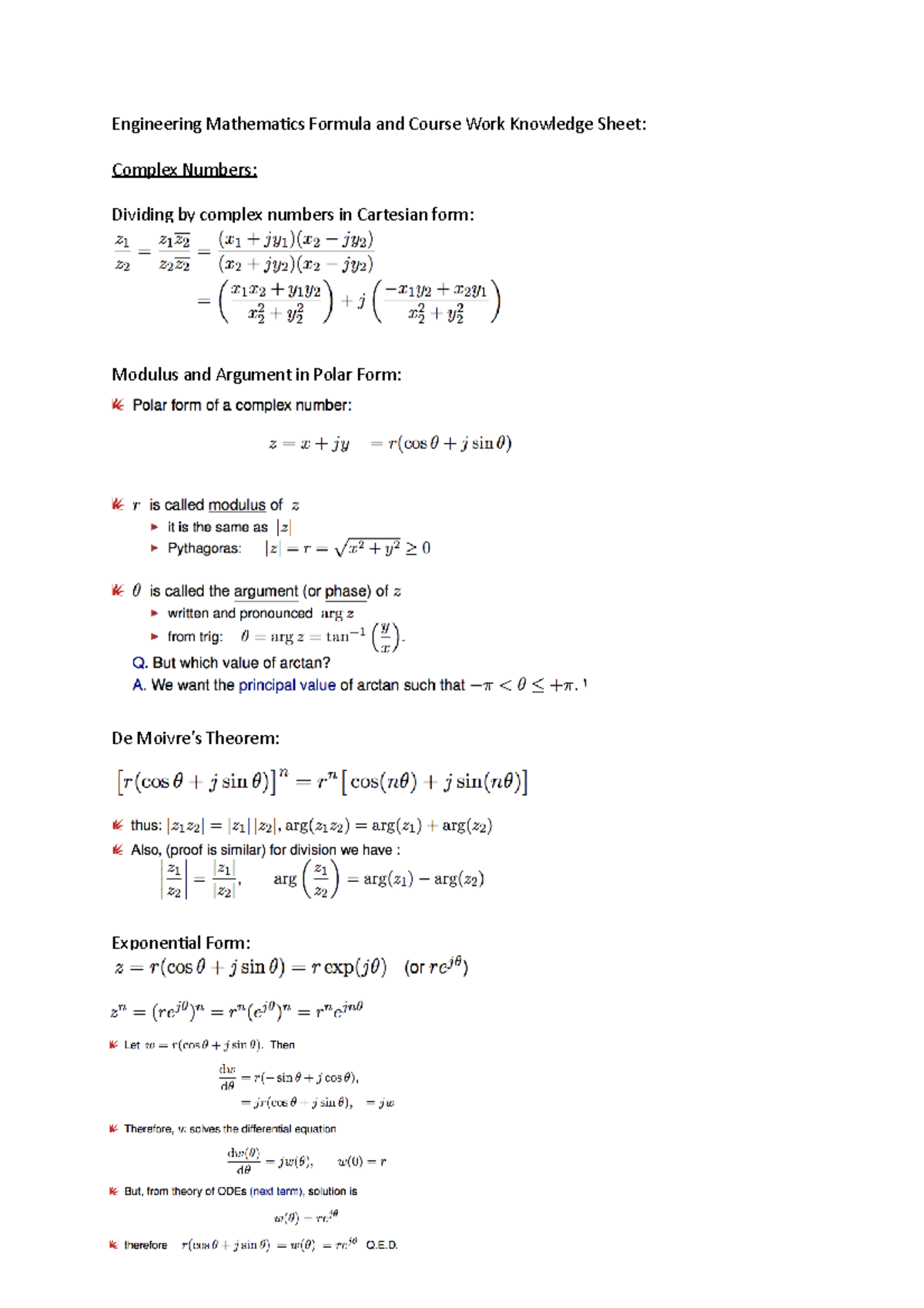 Engineering Mathematics Formula and Course Work Knowledge Sheet - for ...