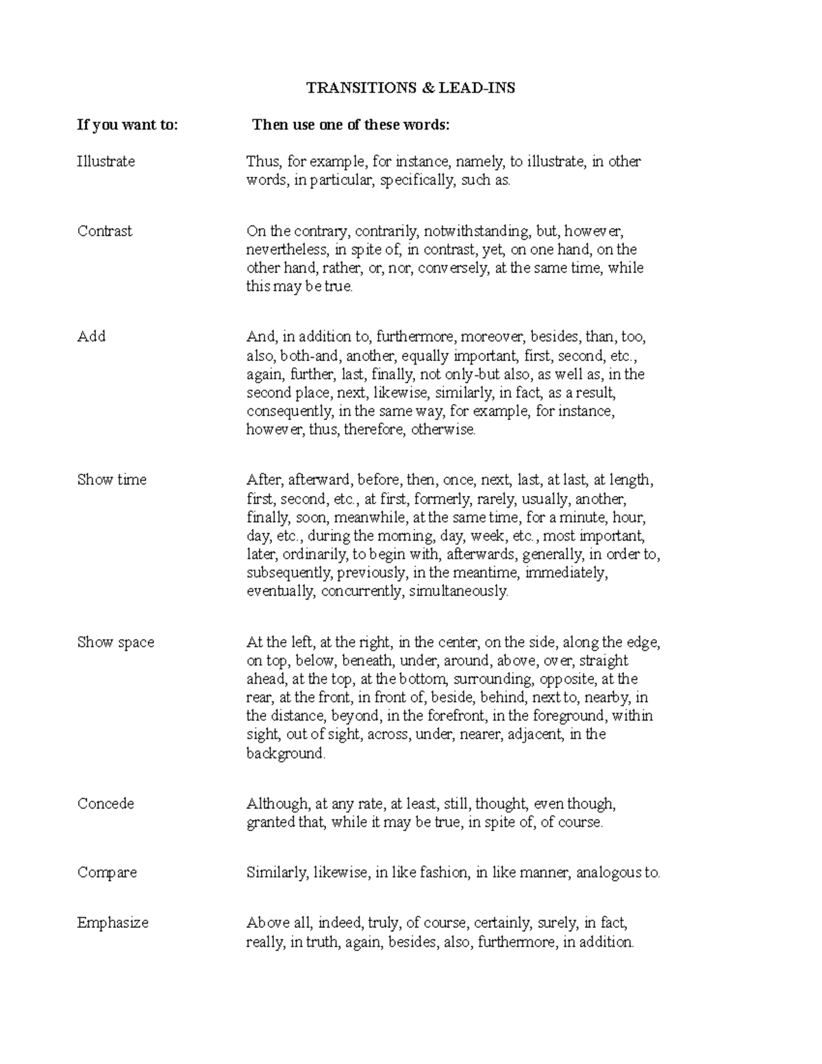 Transitions and Lead ins - TRANSITIONS & LEAD-INS If you want to ...