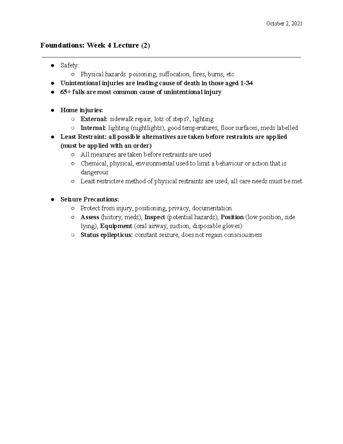 Foundations Client Safety Least Restraint - NURS 1003 - Ontario Tech ...