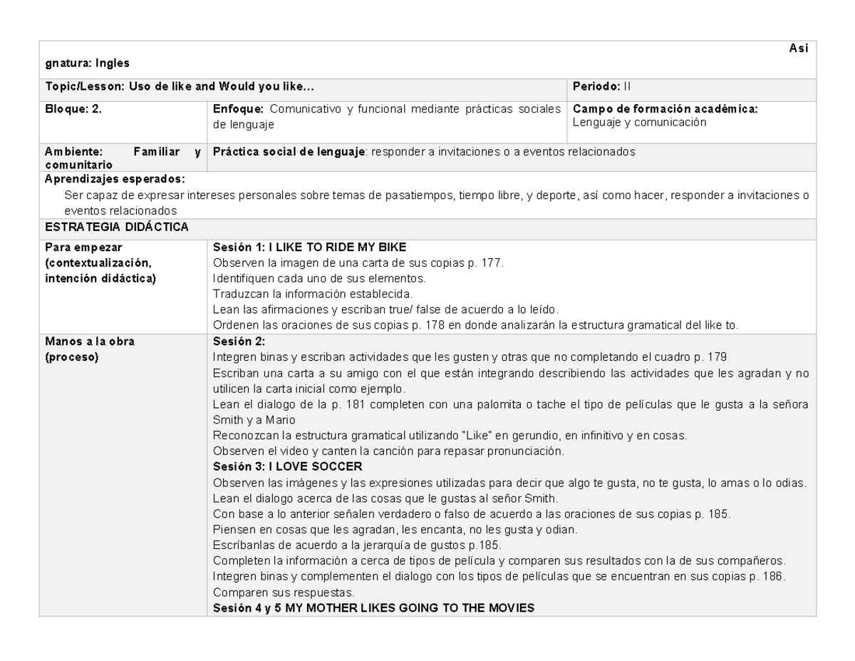 Ingles primer grado - Asi gnatura: Ingles Topic/Lesson: Uso de like and ...