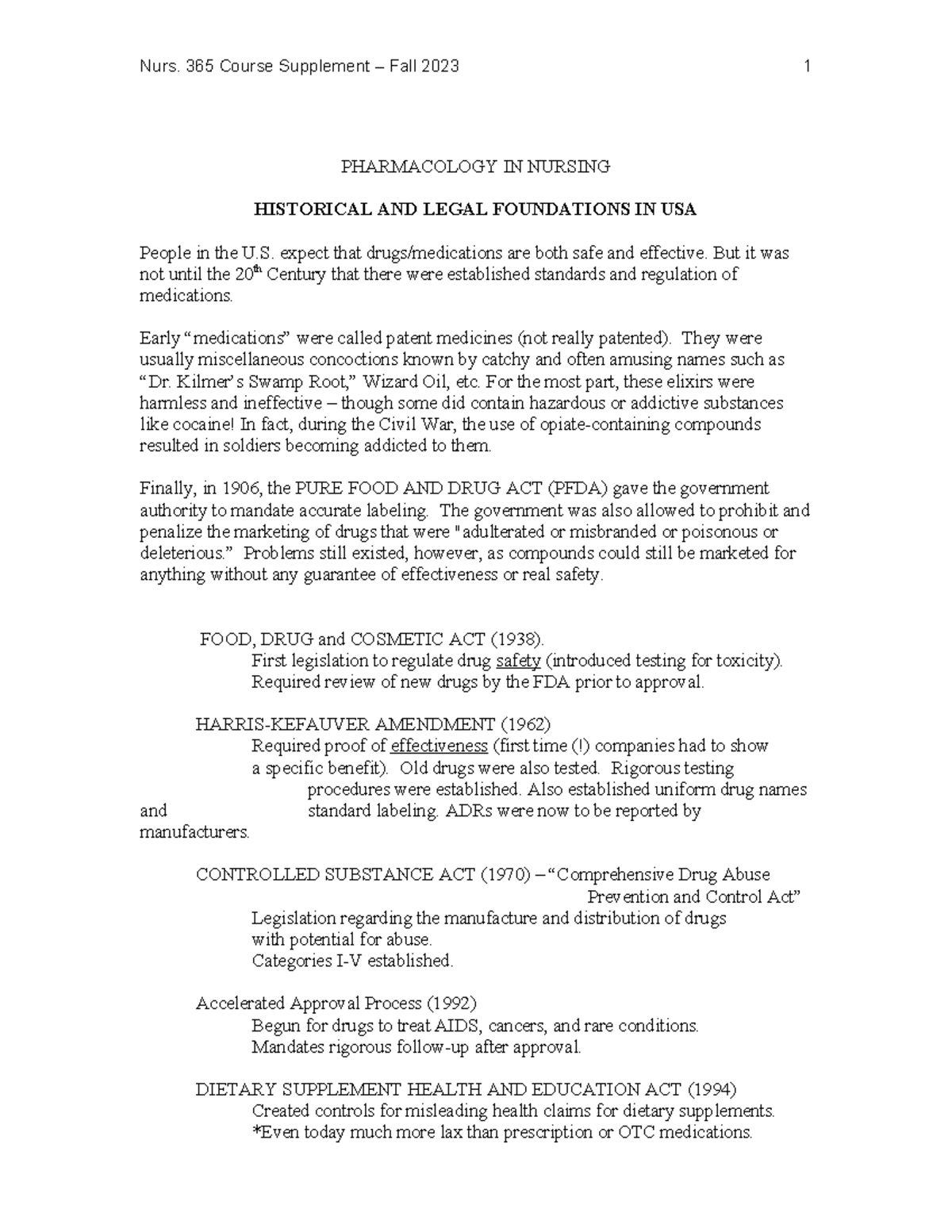 Fall 2023 Supplement pp. 1-5 - PHARMACOLOGY IN NURSING HISTORICAL AND ...