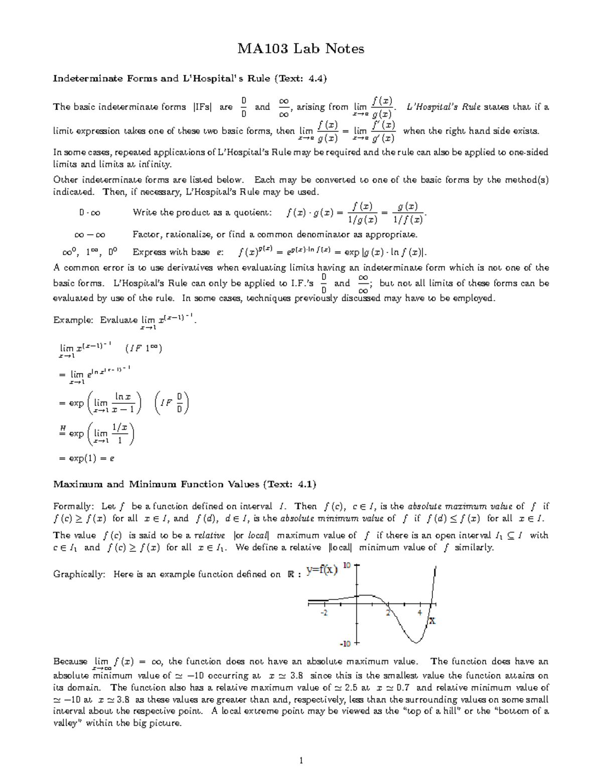 MA103 Lab 6 Notes - MA103 Lab Notes Indeterminate Forms and L’Hospital ...
