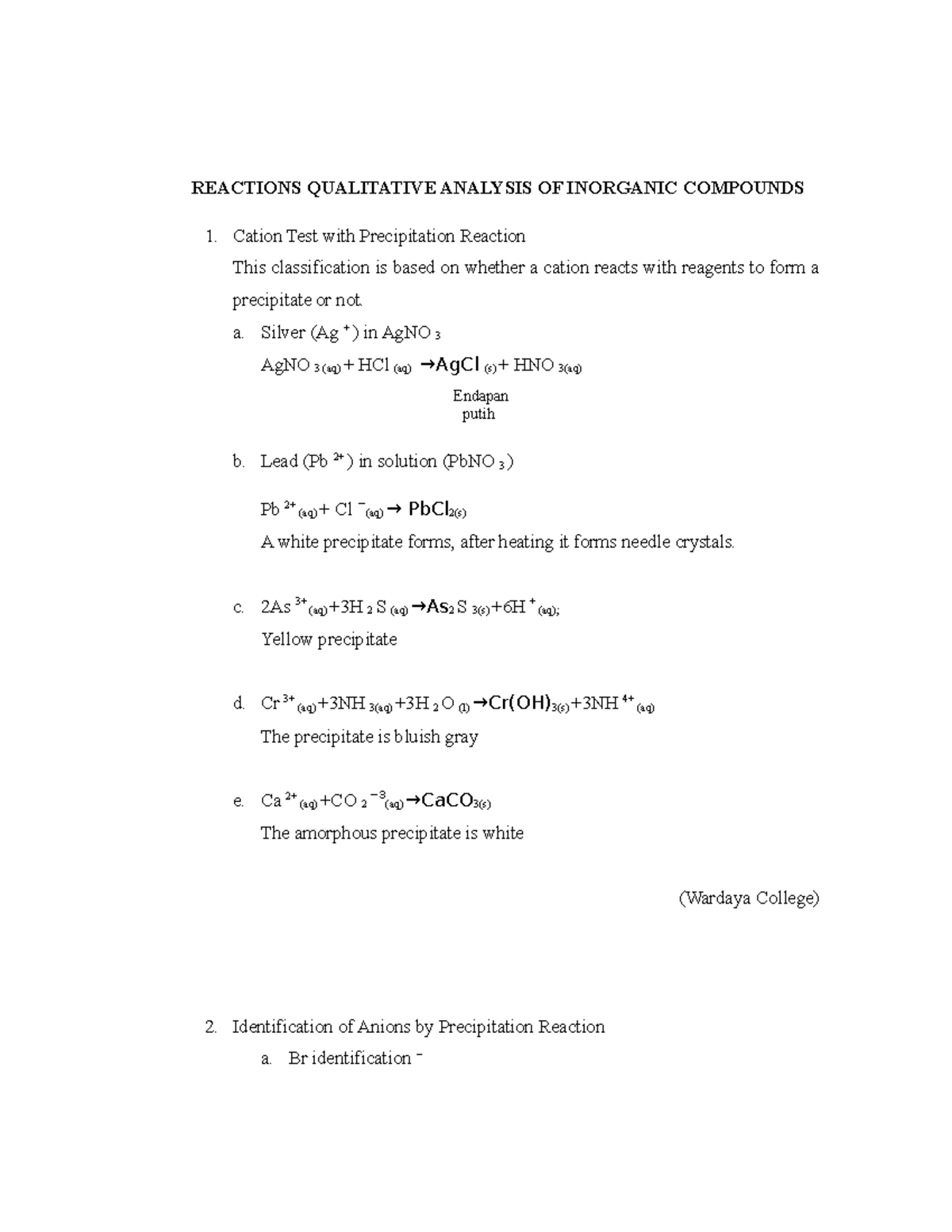 Cation Test with Precipitation Reaction - REACTIONS QUALITATIVE ...