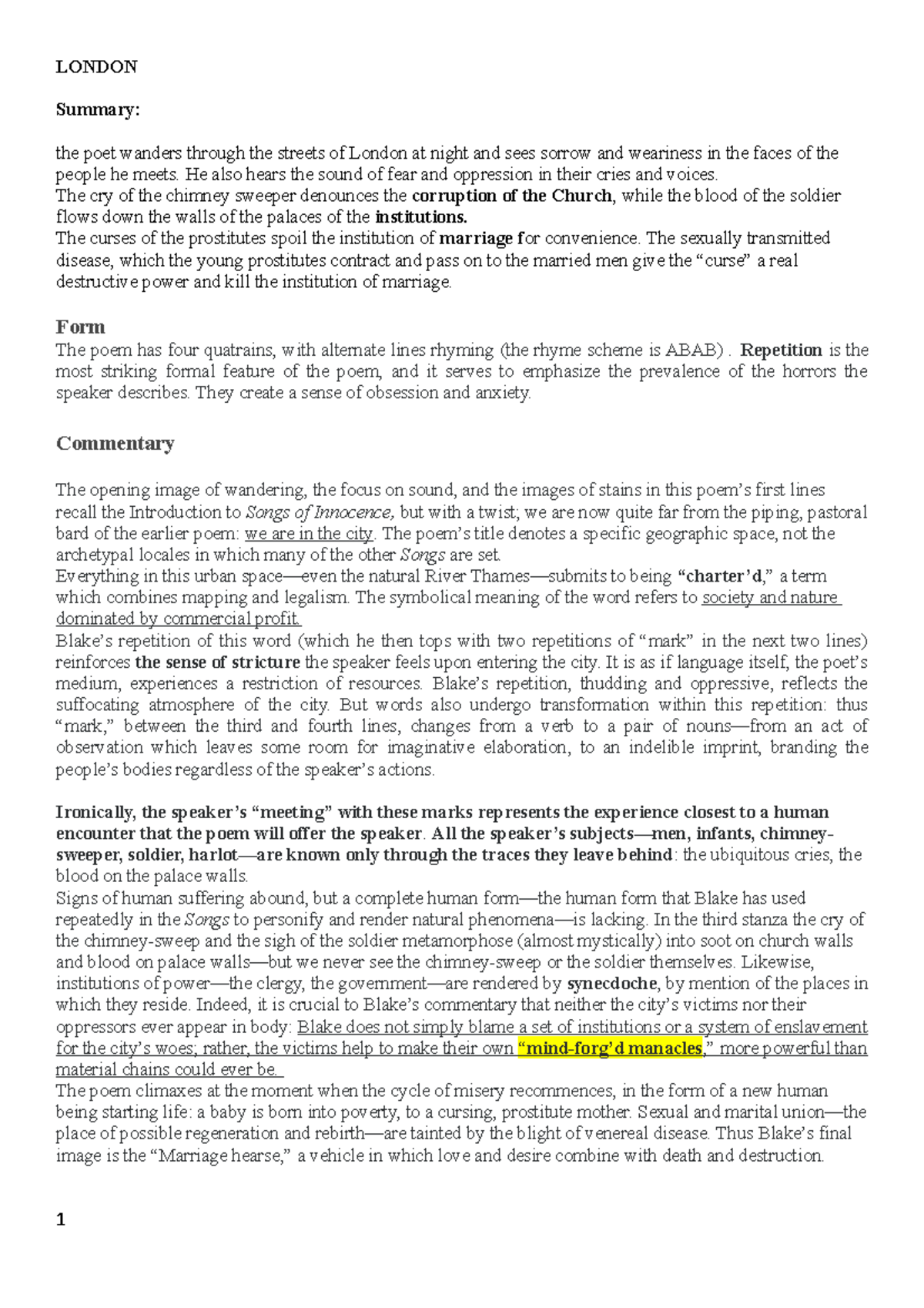 London - summary and analysis, Blake - LONDON Summary: the poet wanders ...