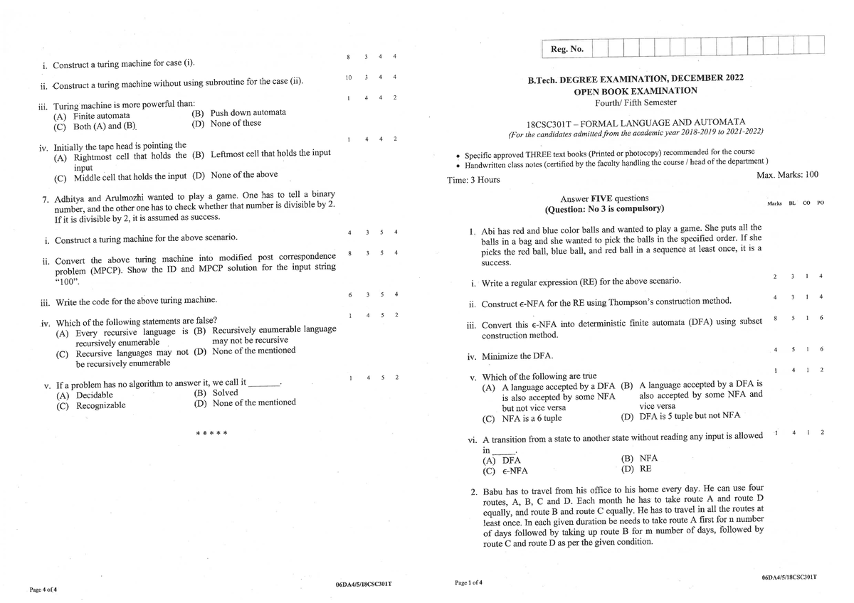 18CSC301T 06.12.2022 AN - Reg. No. 8 3 4 4 i. Construct a turing ...