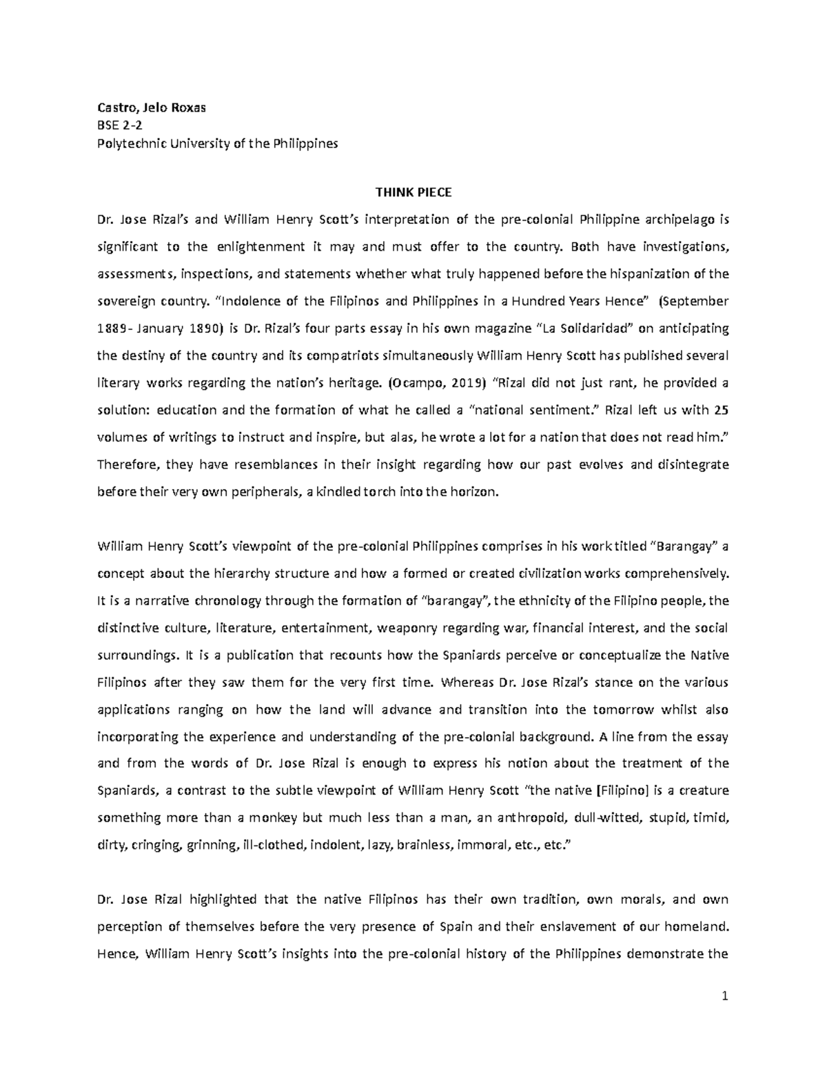 Think Piece - Castro - One of essays - Castro, Jelo Roxas BSE 2 ...
